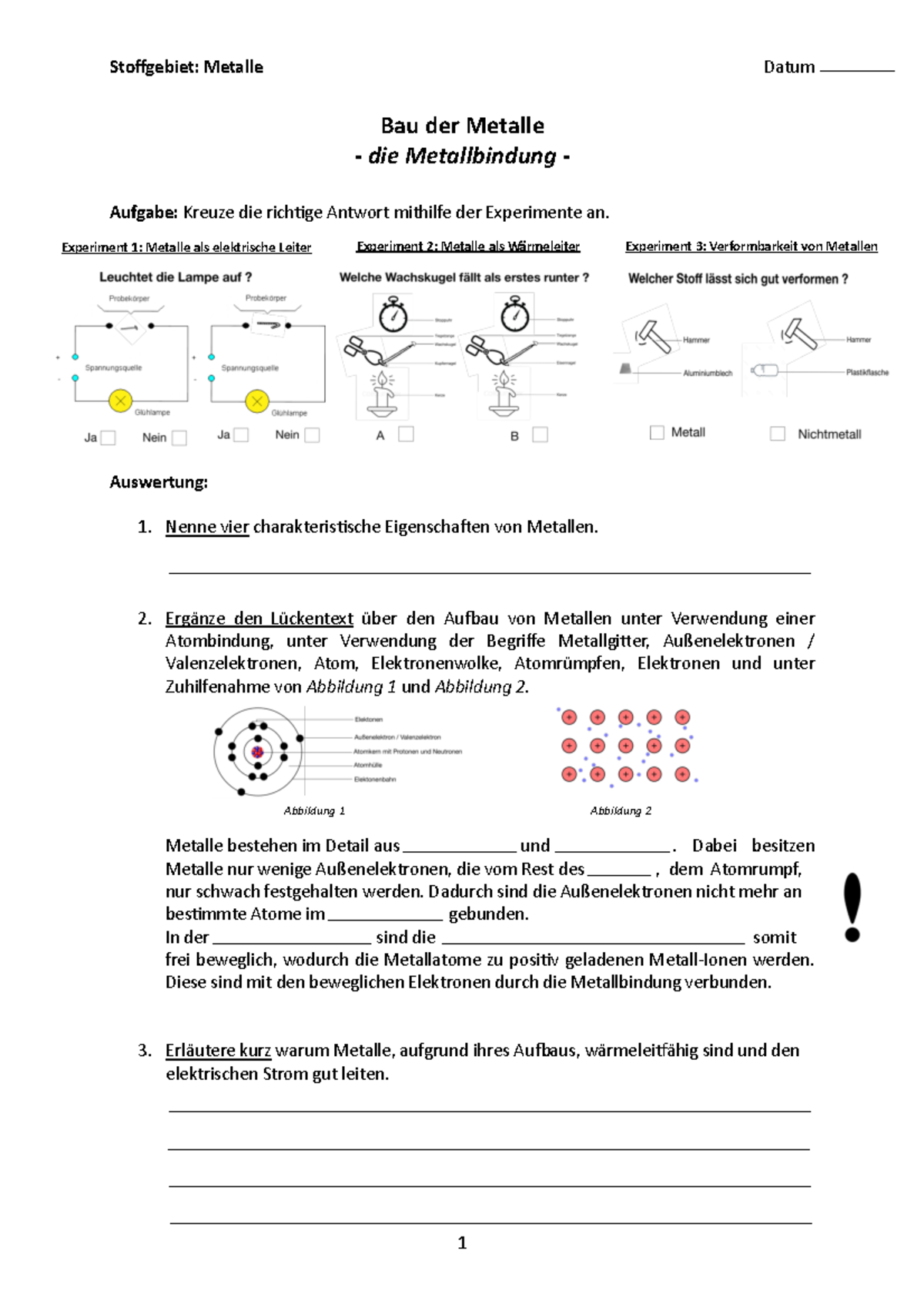 AB Metallbindung Vorlage - Stoffgebiet: Metalle Datum 1 Bau der Metalle ...