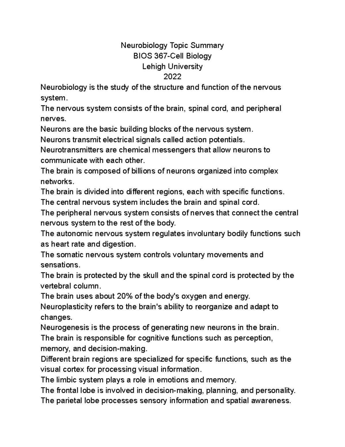 Neurobiology Topic Summary - The nervous system consists of the brain ...
