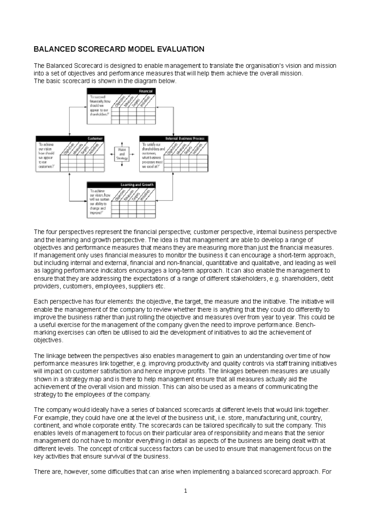 Balanced scorecard evaluation - BALANCED SCORECARD MODEL EVALUATION The ...