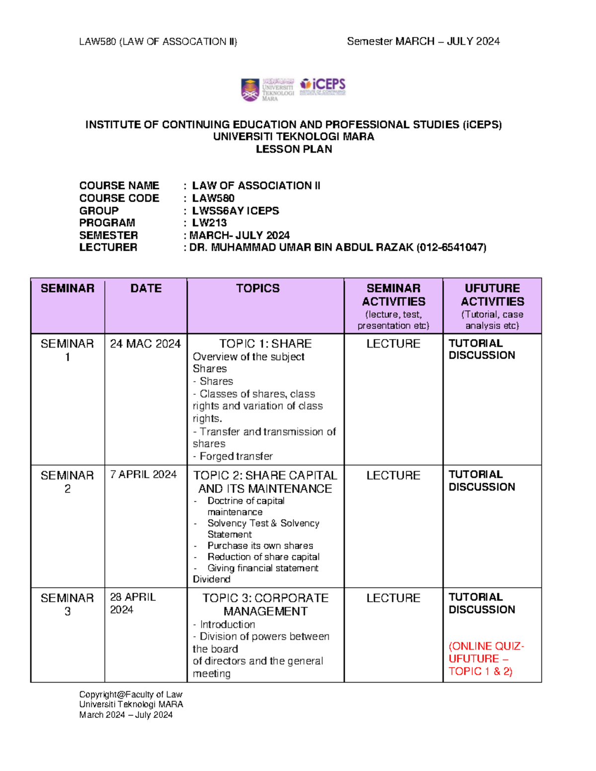 Lesson PLAN FOR SEM March 2024 LAW580 Iceps - Copyright@Faculty of Law ...