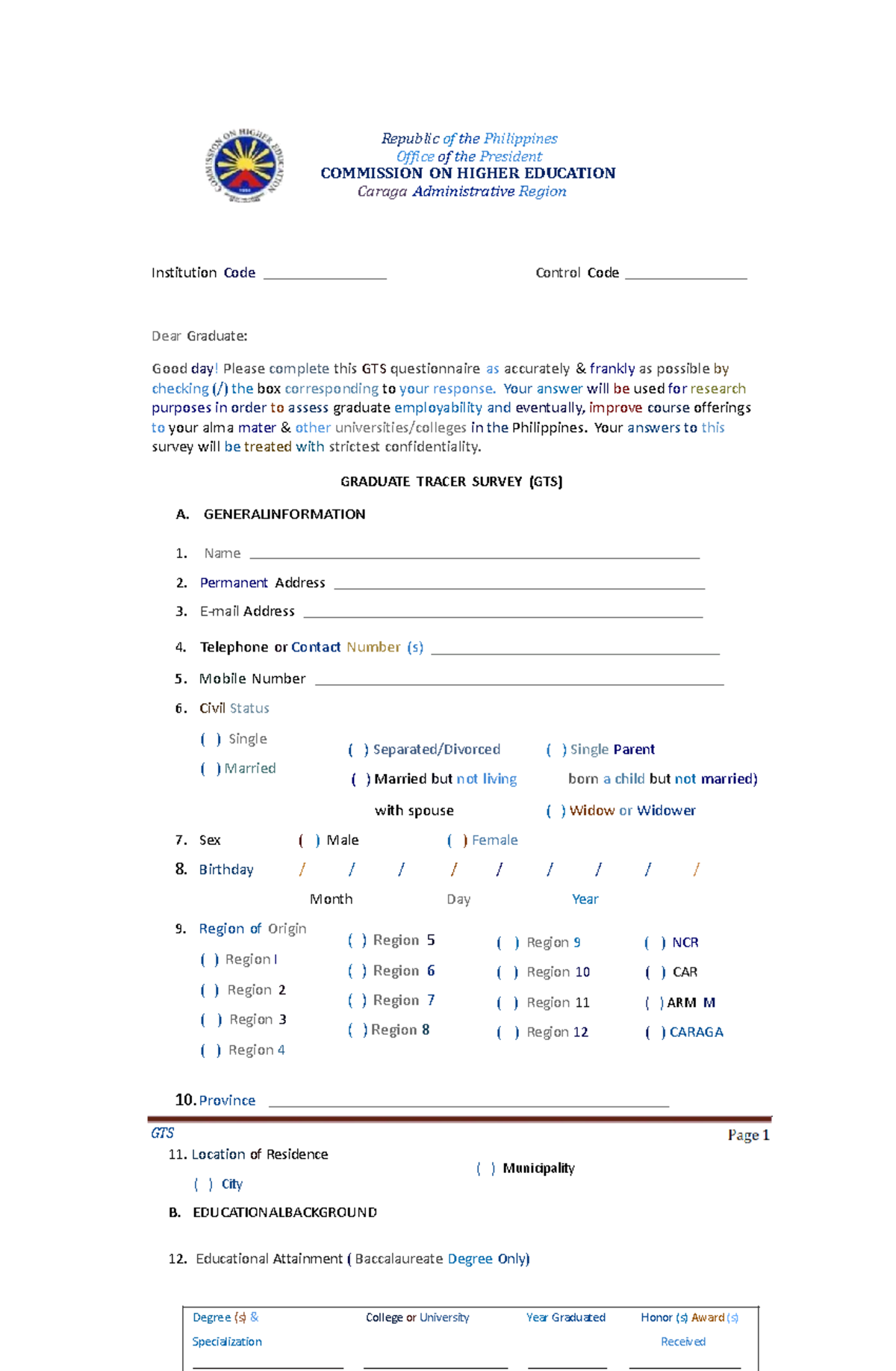 CHED-QUestionnaire - CHED Questionnaire - Degree (s) & Specialization College or University Year ...