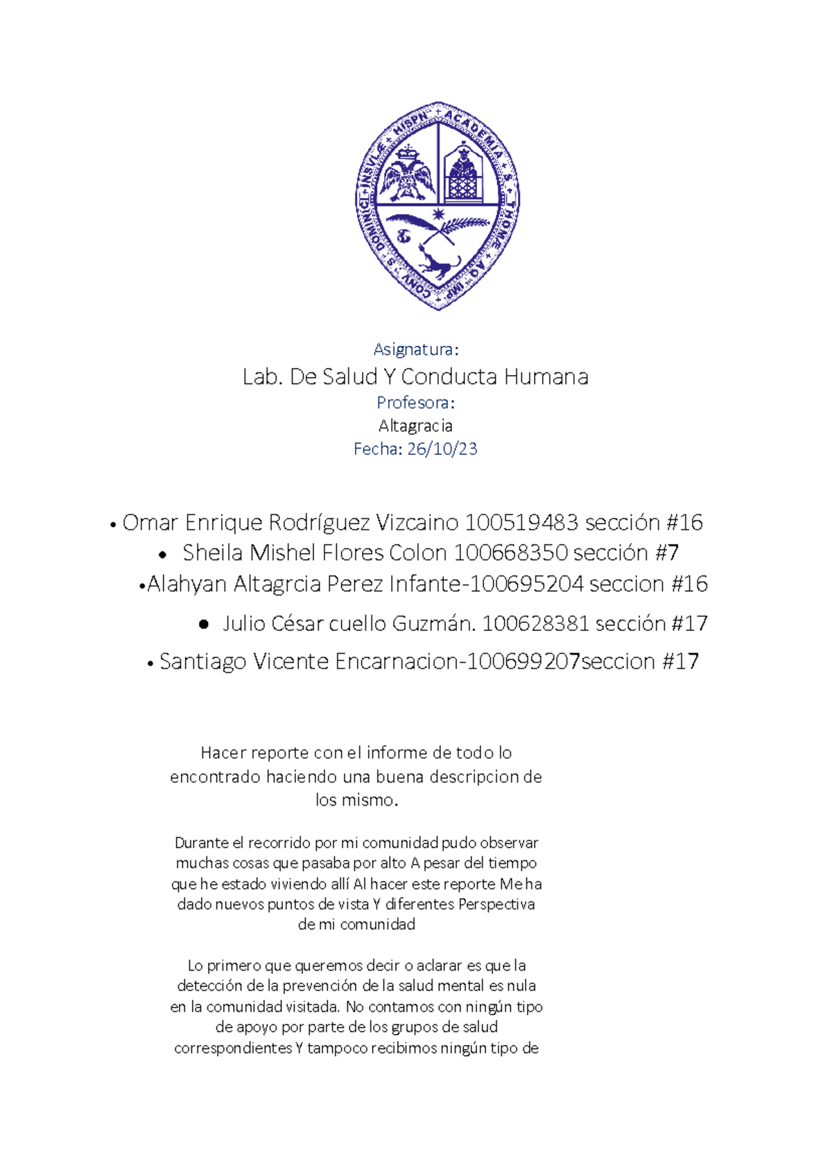 2da Tarea SYCH - Segunda práctica Salud y Conducta Humana. - Asignatura: Lab. De Salud Y ...