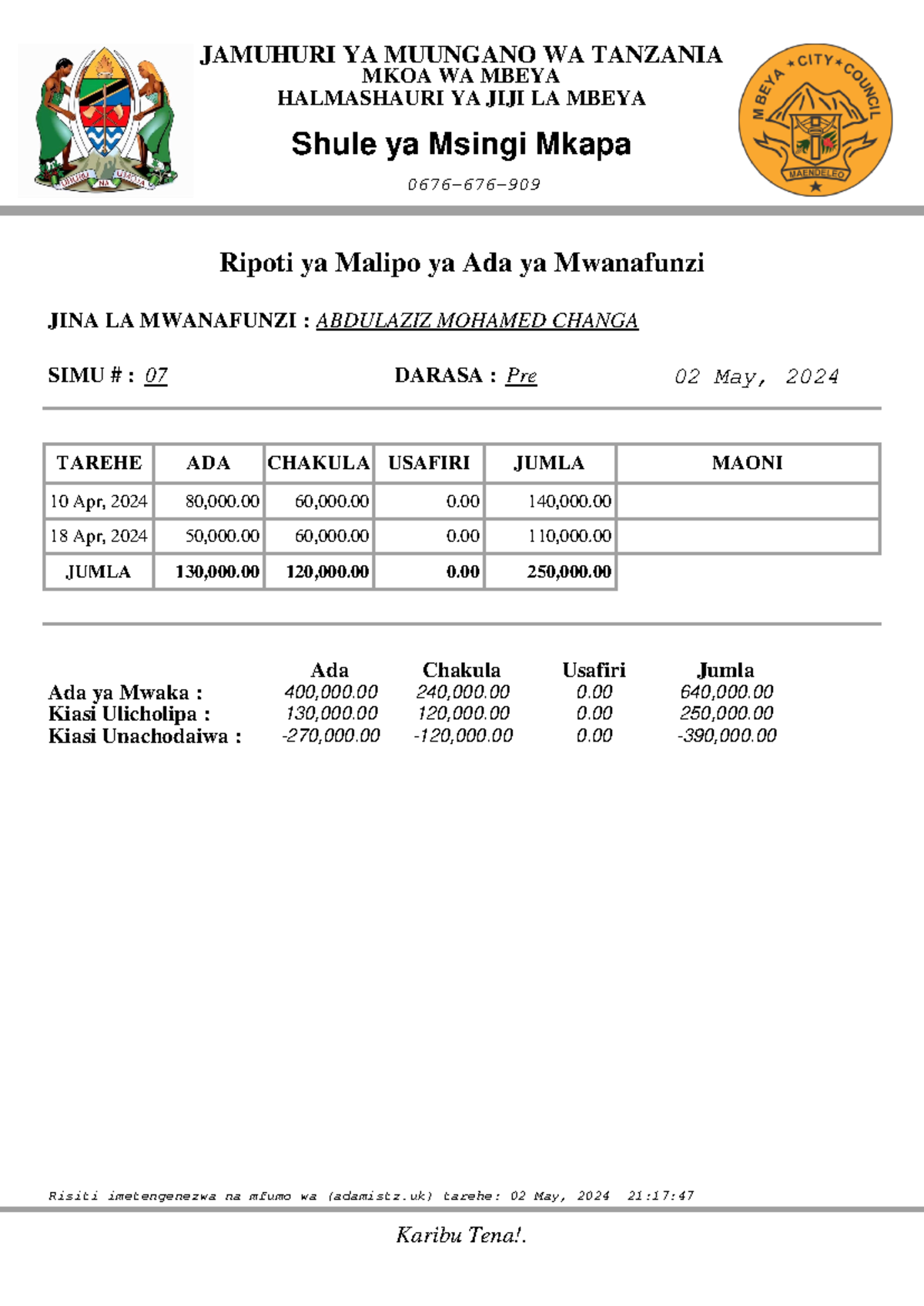 Doc - Yfgv - MKOA WA MBEYA HALMASHAURI YA JIJI LA MBEYA Shule ya Msingi ...