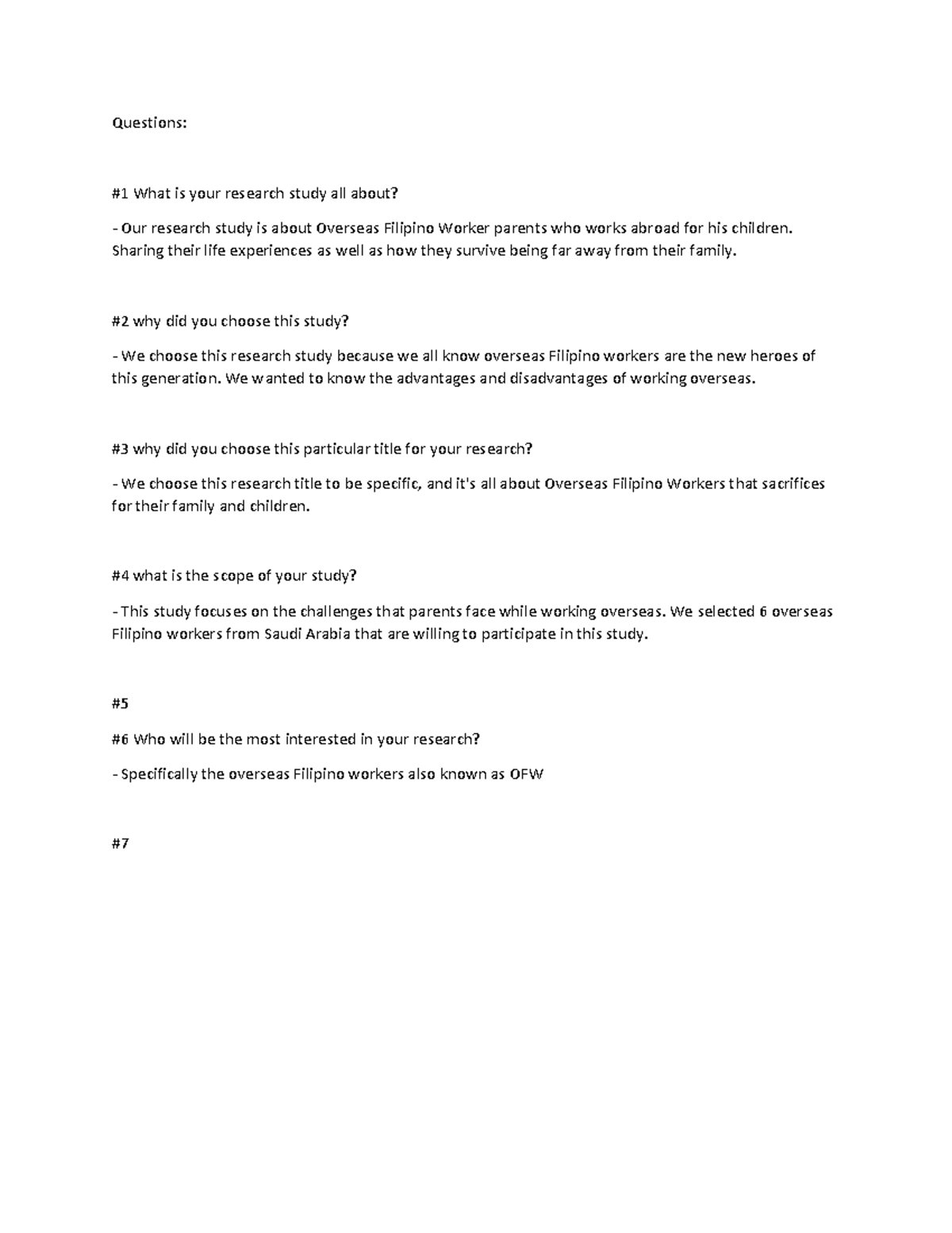 Questions - example - Questions: #1 What is your research study all ...