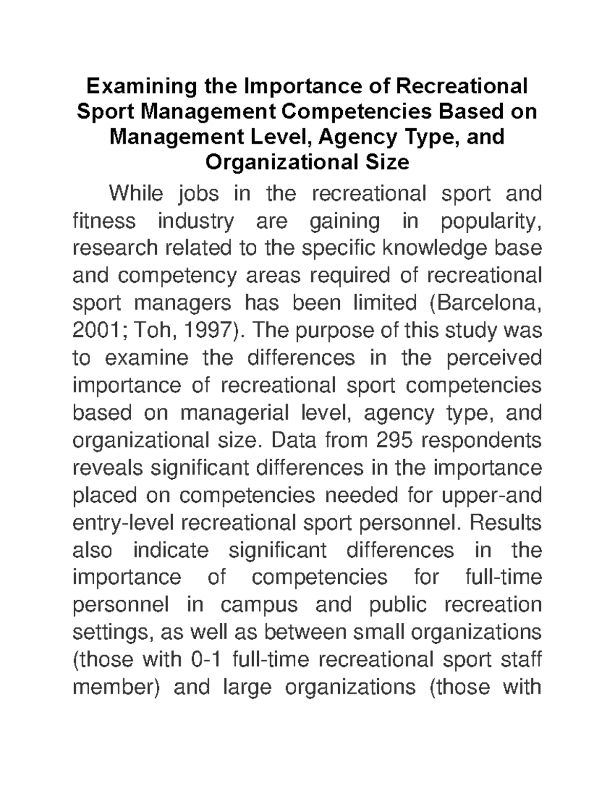 Examining the Importance of Recreational Sport Management - Examining ...
