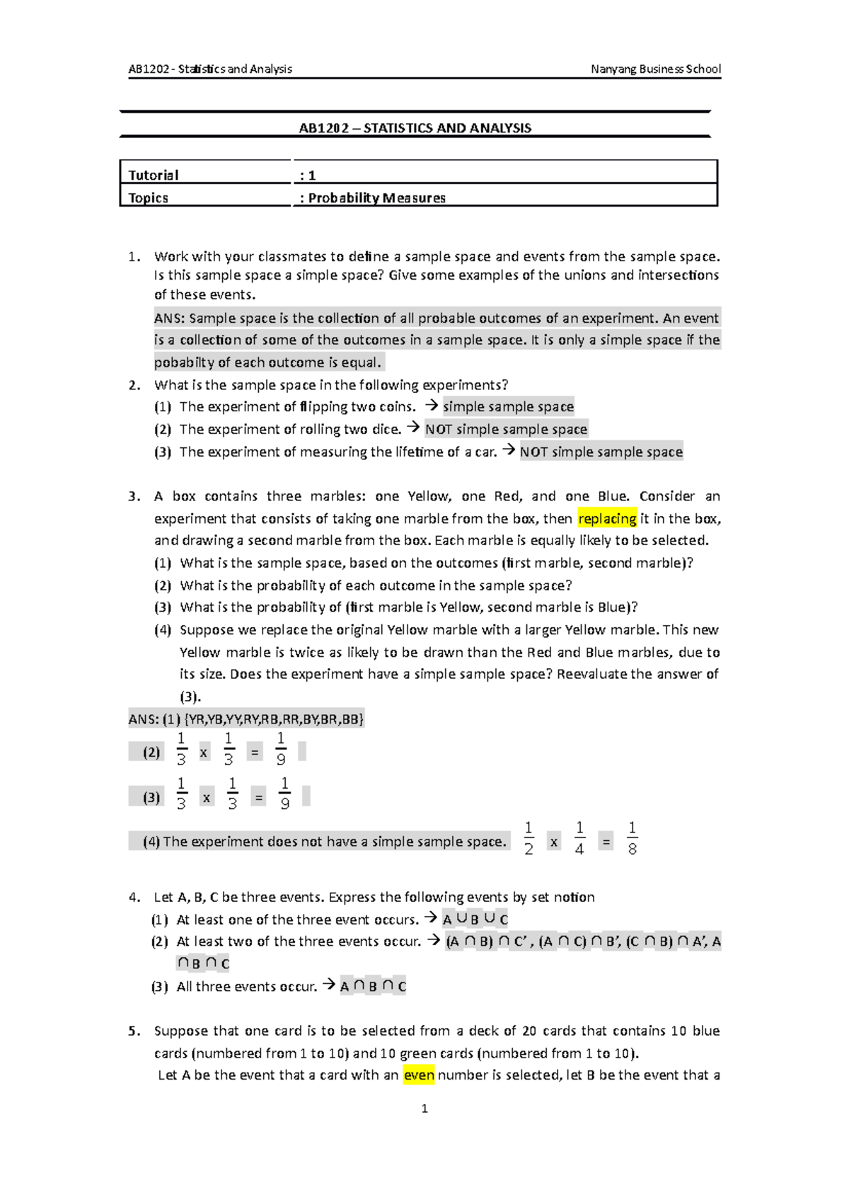 Questions week 1 - AB1202 - Staisics and Analysis Nanyang Business ...