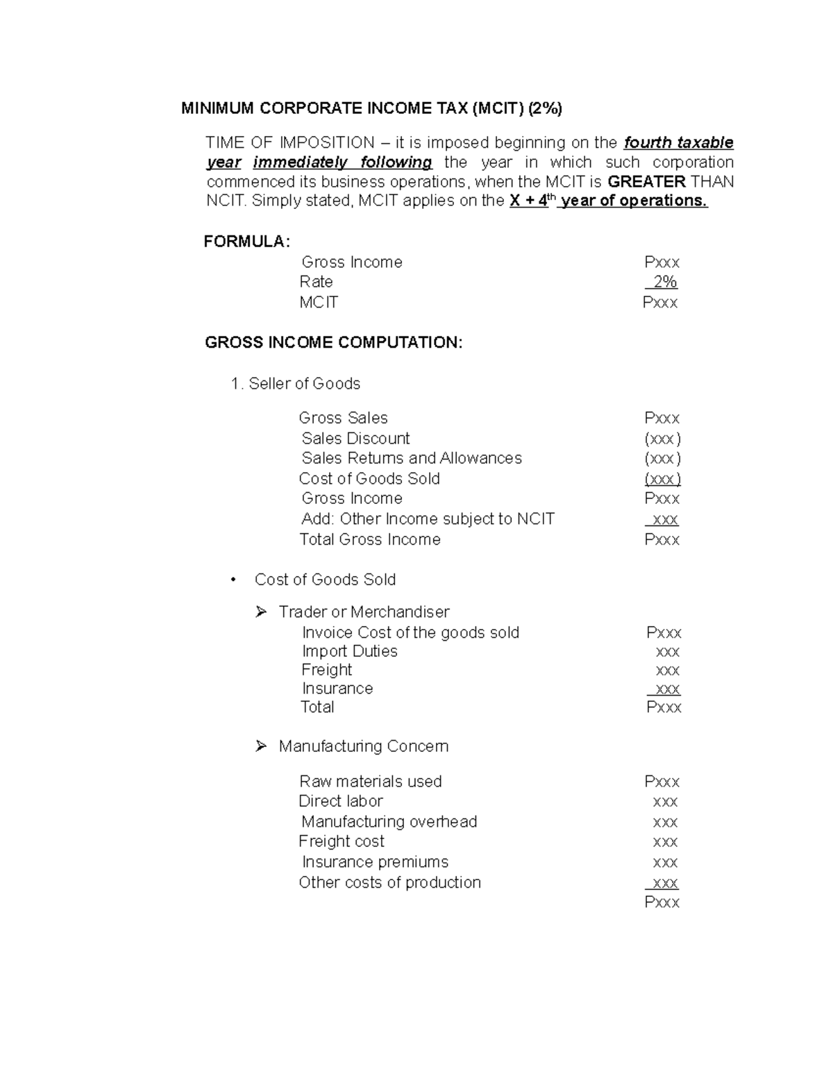 Income Taxation- Lecture Notes-PART 5 - MINIMUM CORPORATE INCOME TAX ...