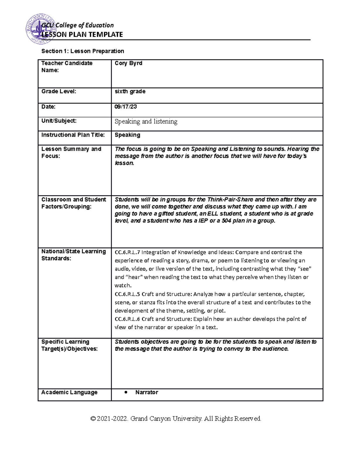 Speaking - Lesson plan - LESSON PLAN TEMPLATE Section 1: Lesson ...