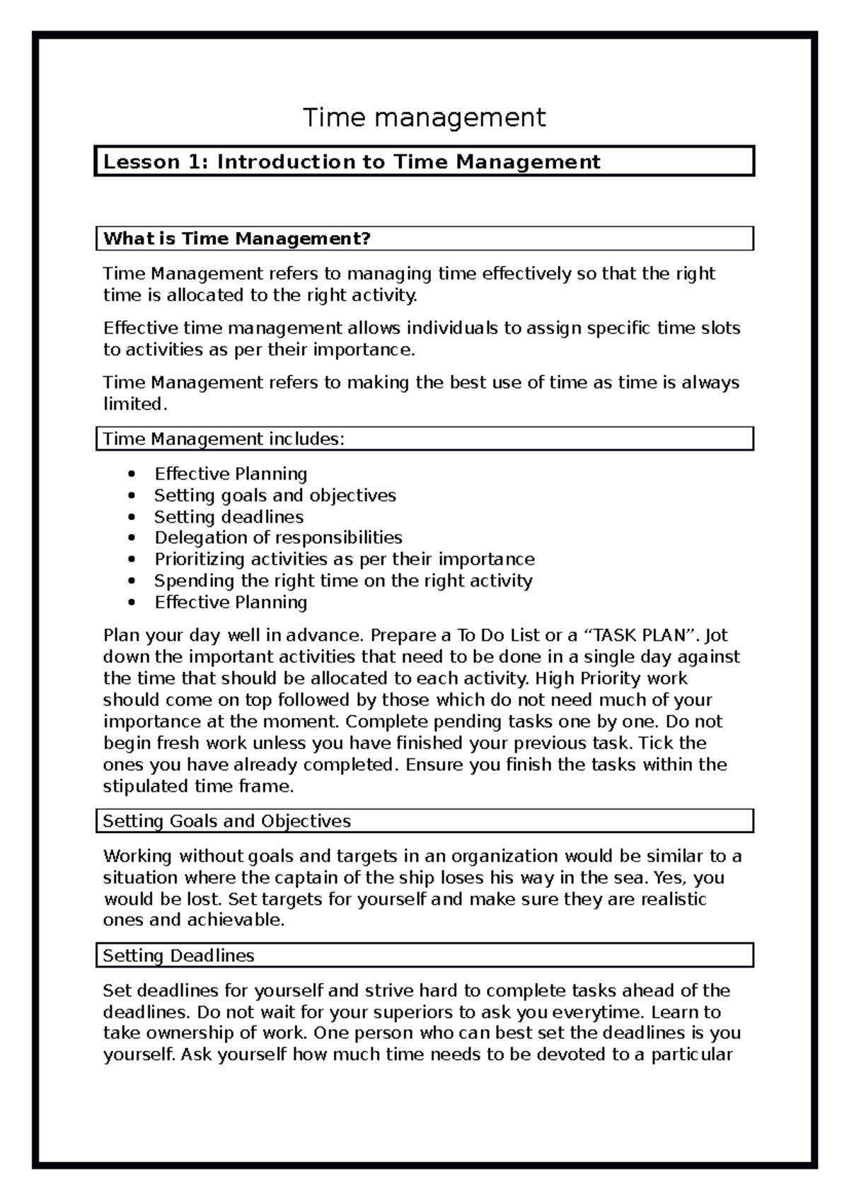 Time Management - Copy - Time management Lesson 1: Introduction to Time ...