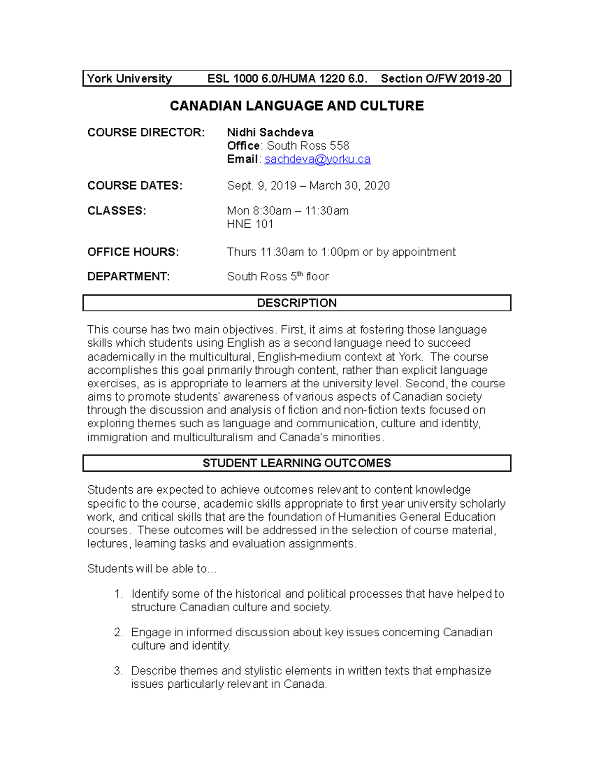 ESL 1000 O Course Outline - York University ESL 1000 6/HUMA 1220 6 ...