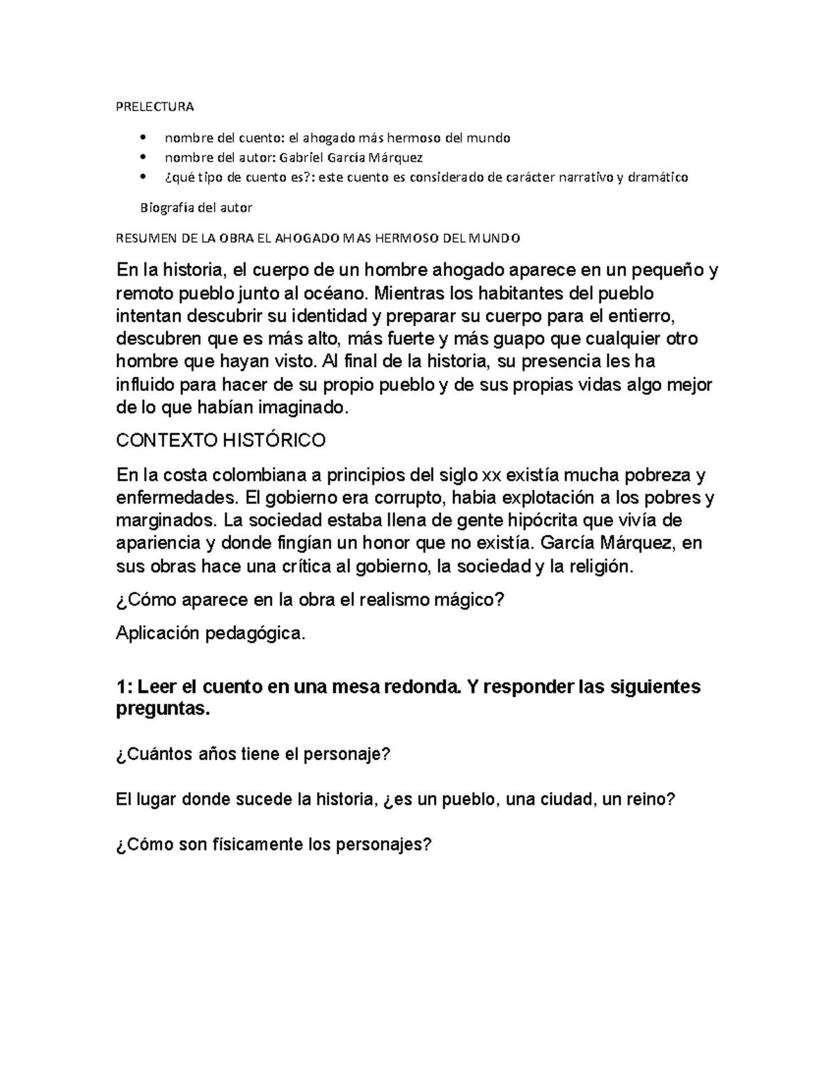 EL Ahogado MAS Hermoso DEL Mundo - PRELECTURA nombre del cuento: el ...