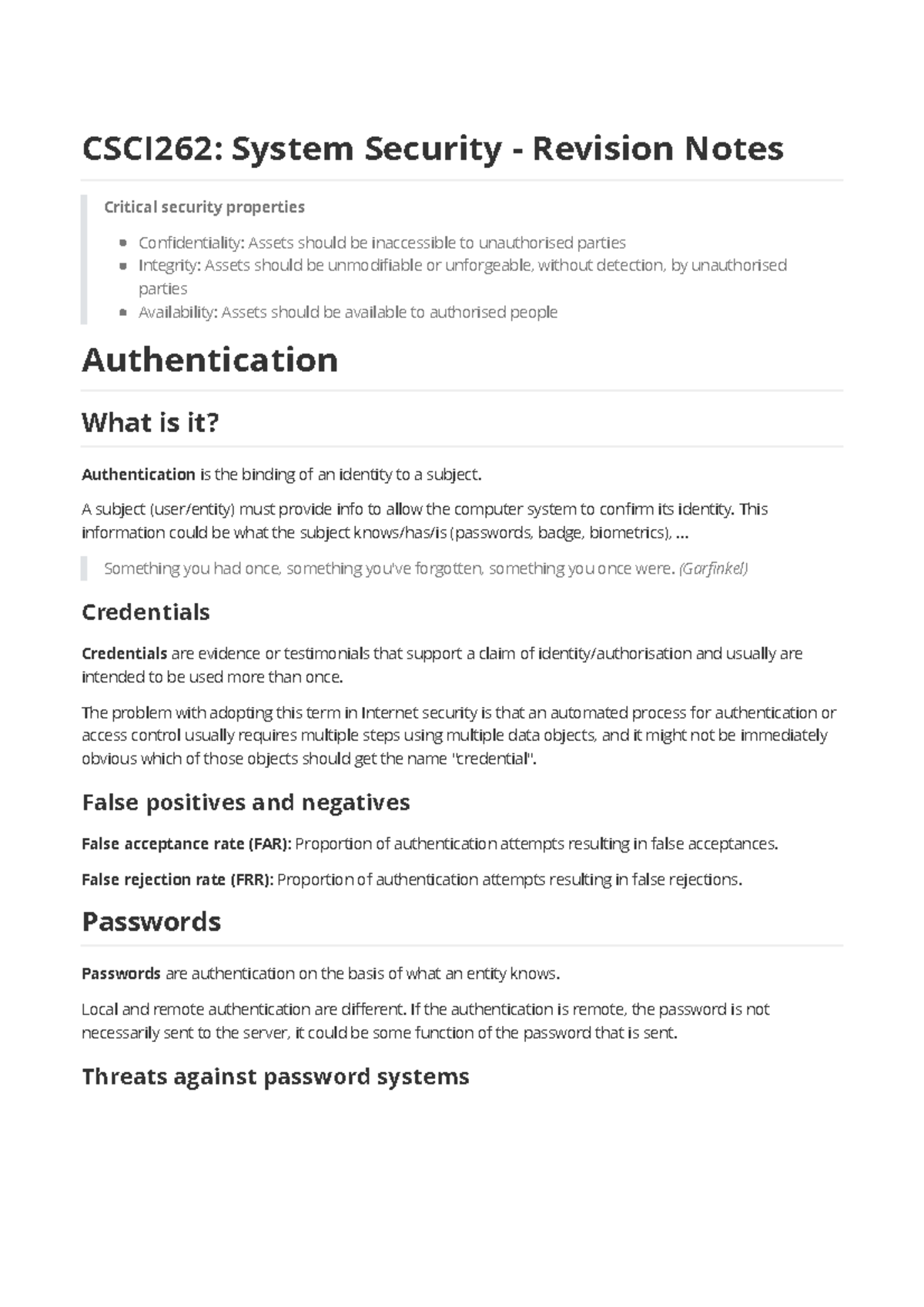 System Sec revision - CSCI262: System Security - Revision Notes ...