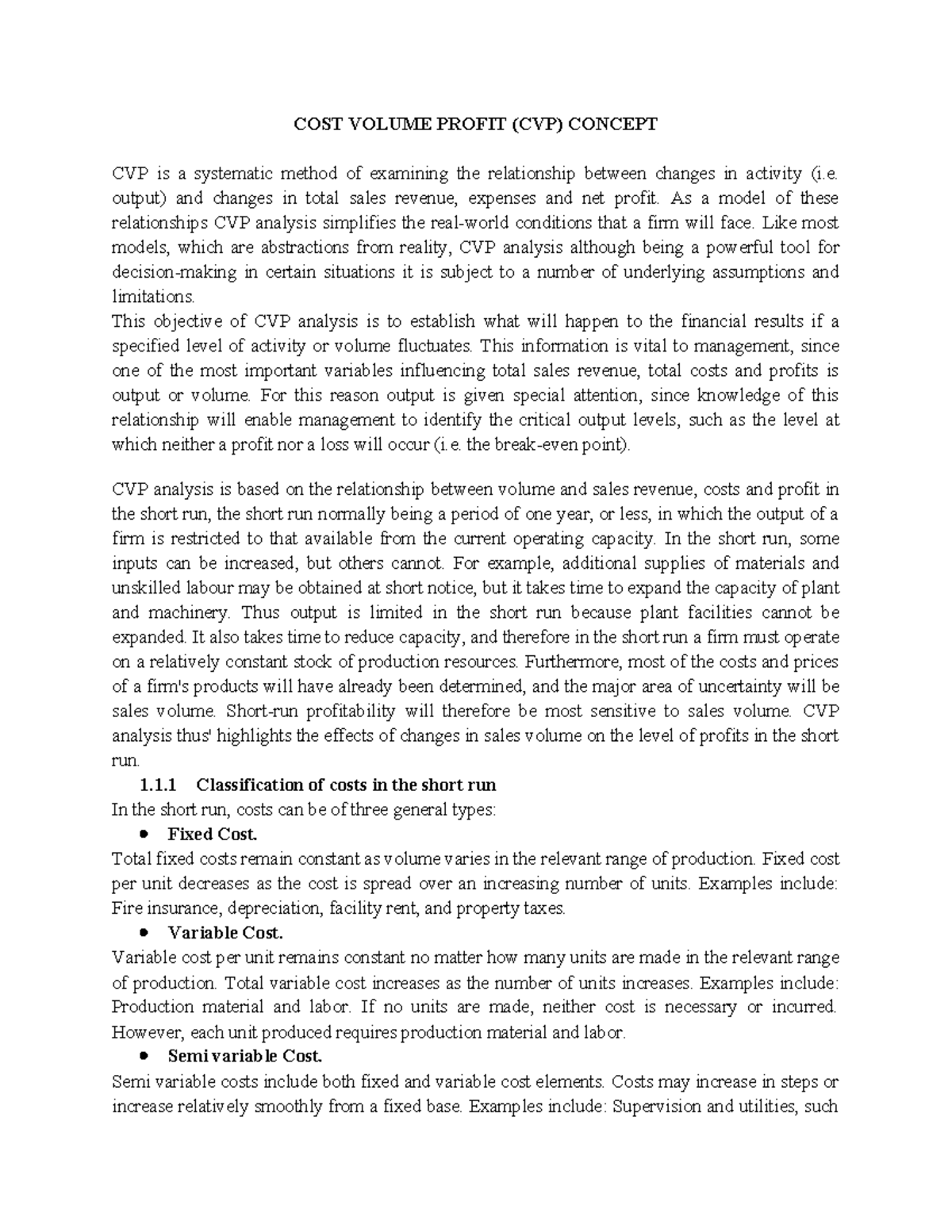 CVP Analysis Notes - finance - COST VOLUME PROFIT (CVP) CONCEPT CVP is ...