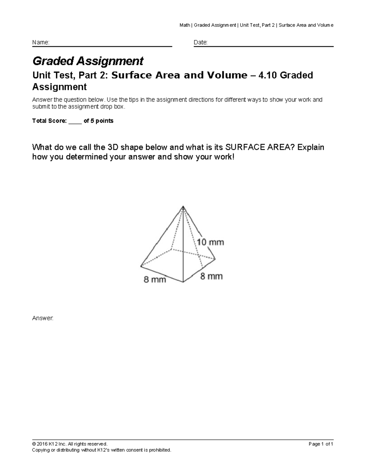 4.10 Graded Assignment - Unit 4 Surface Area and Volume Unit Test Part ...