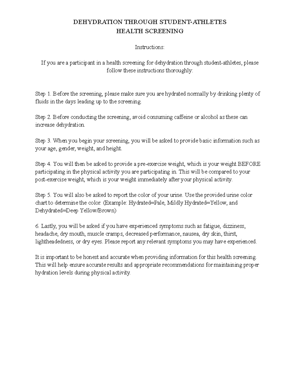 Dehydration - research assignment - HEALTH SCREENING Instructions: If ...