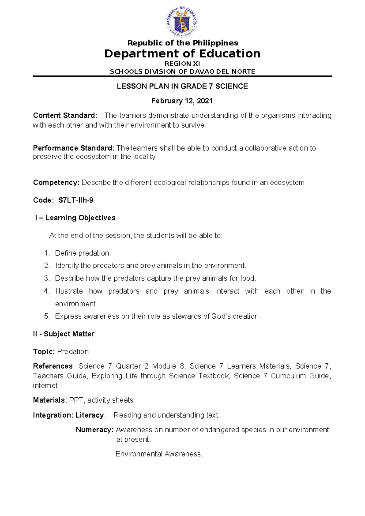 Predation - Republic of the Philippines Department of Education REGION XI SCHOOLS DIVISION OF ...