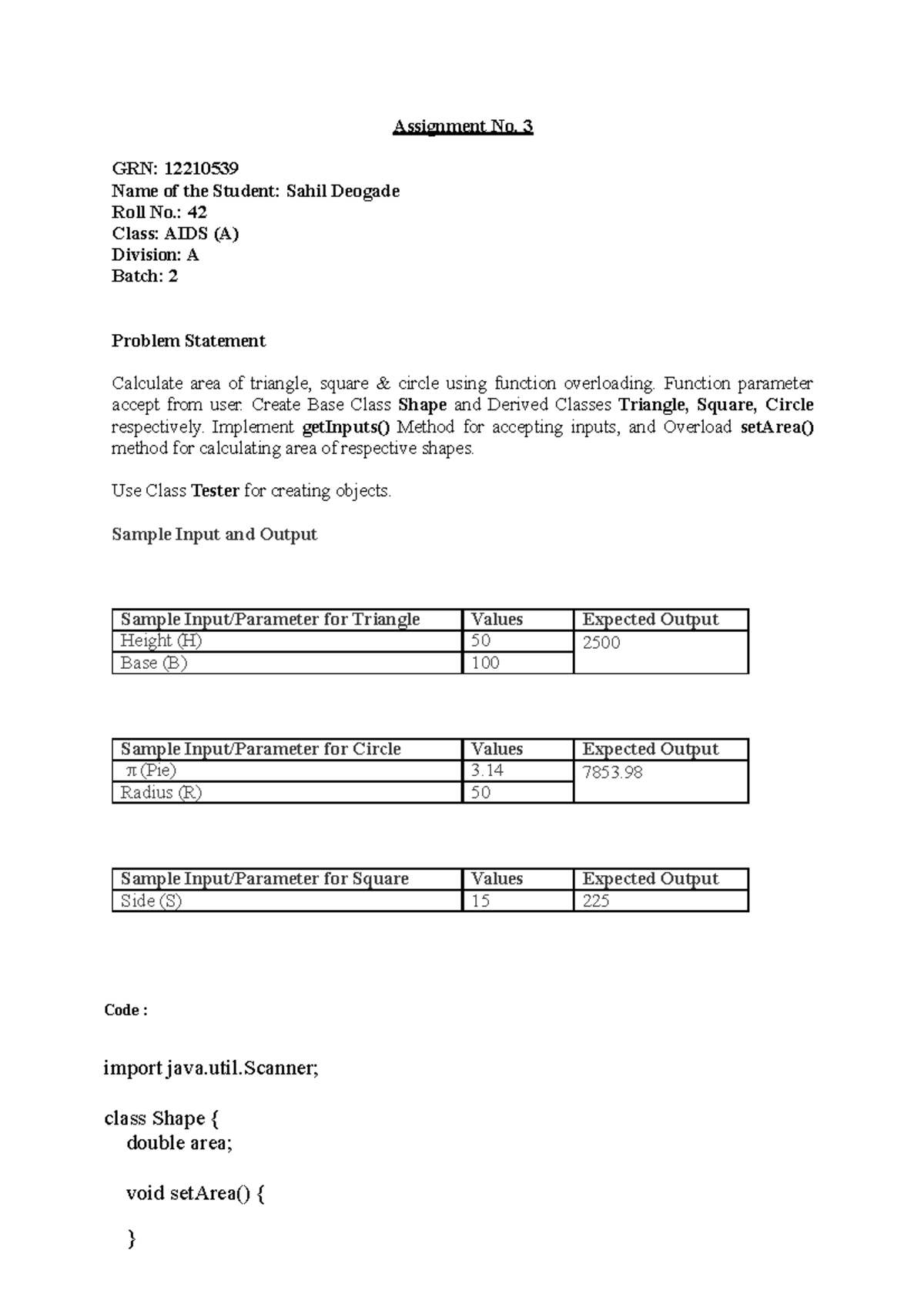A42 Lab Assignment 03 - Assignment No. 3 GRN: 12210539 Name of the Student: Sahil Deogade Roll ...