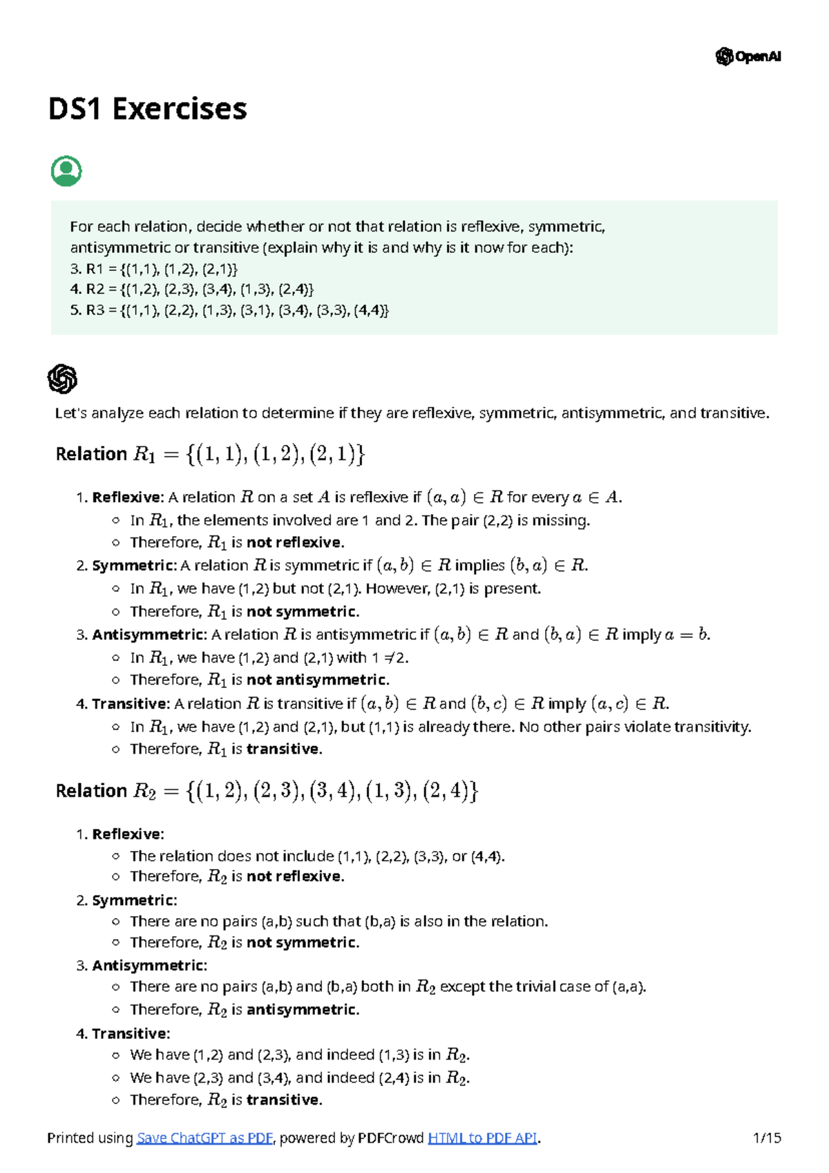 Discrete Structure 1 - Exercises Solutions - DS1 Exercises Let's analyze each relation to ...