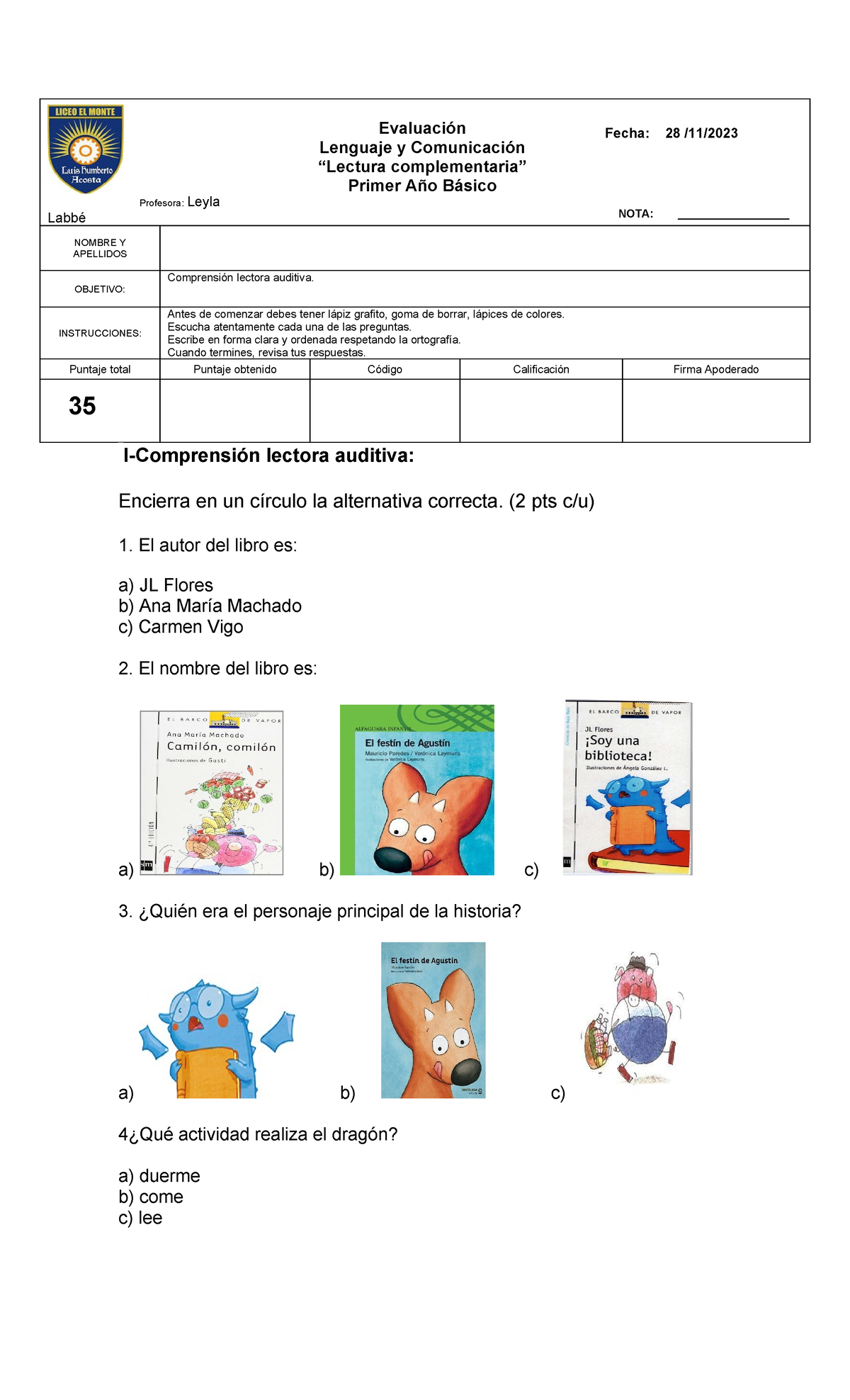 Evaluación LC^J Soy una biblioteca - Profesora: Leyla Labbé Evaluación Lenguaje y Comunicación ...