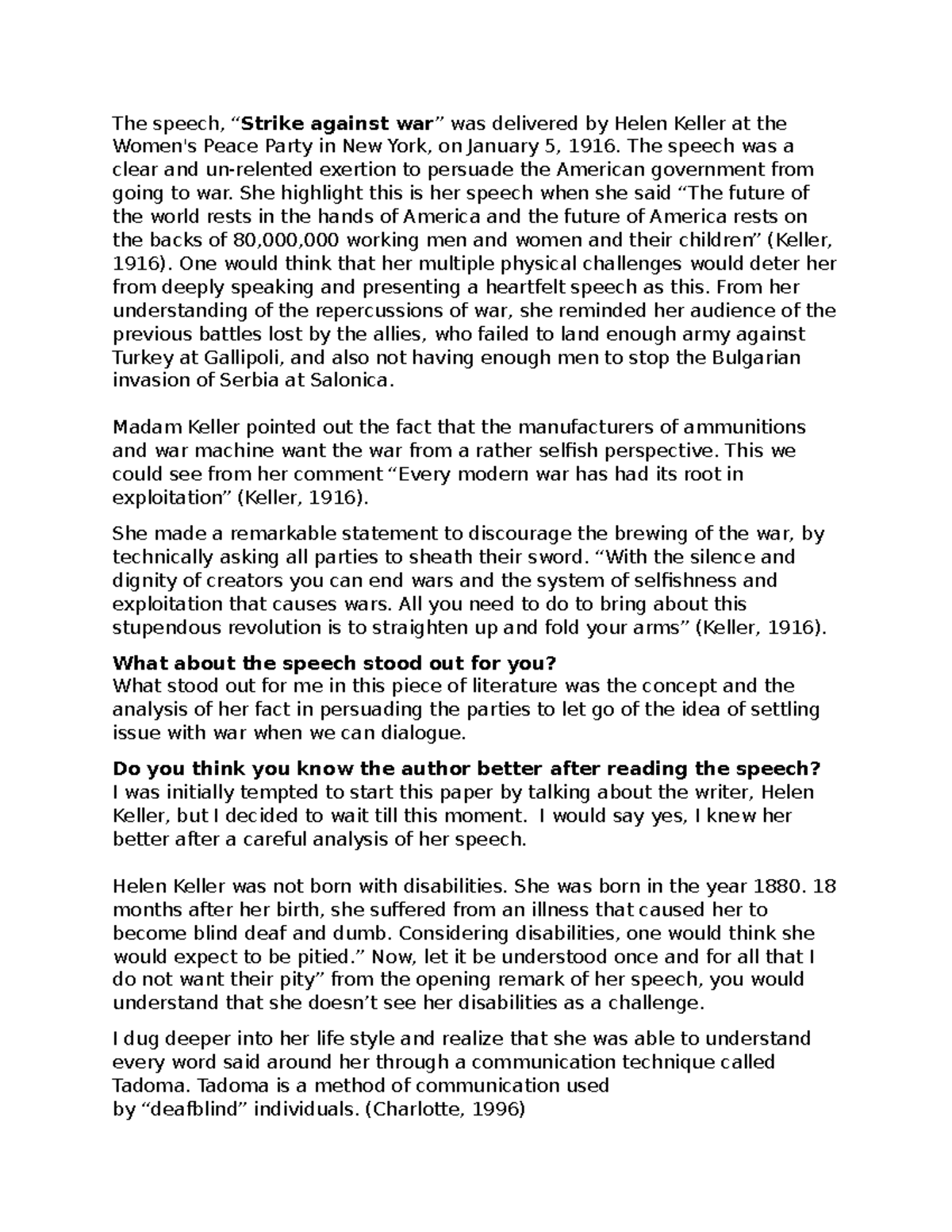 Discussion Assignment unit 4 -“Strike against war” - The speech ...