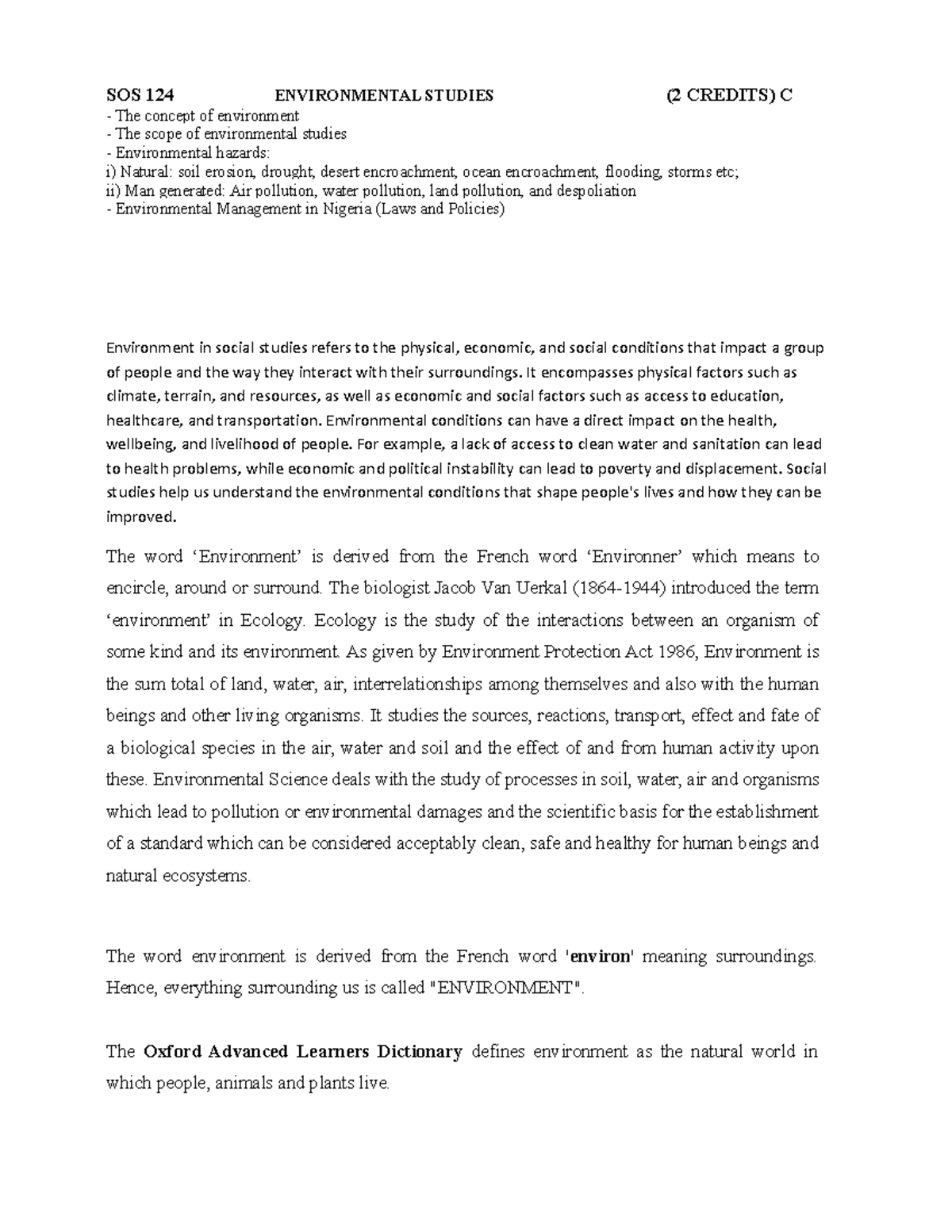 SOS Environmental Studies 124 - SOS 124 ENVIRONMENTAL STUDIES (2 ...