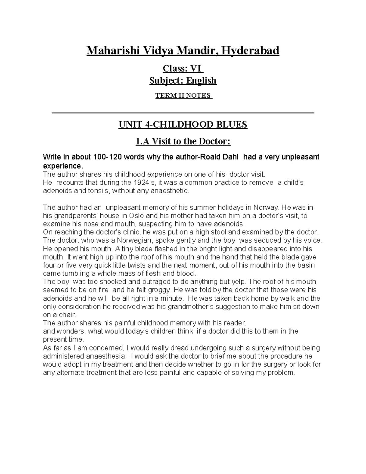 Class 6 English-TERM II (UNIT 5-10) - Maharishi Vidya Mandir, Hyderabad ...