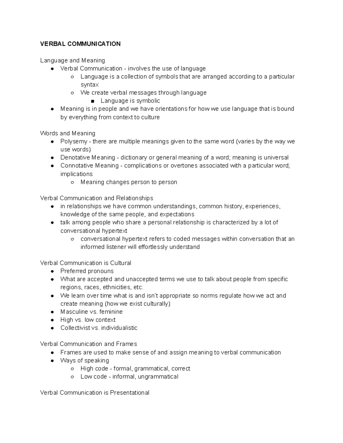 COM 101 Notes 6 - Verbal Communication - VERBAL COMMUNICATION Language ...