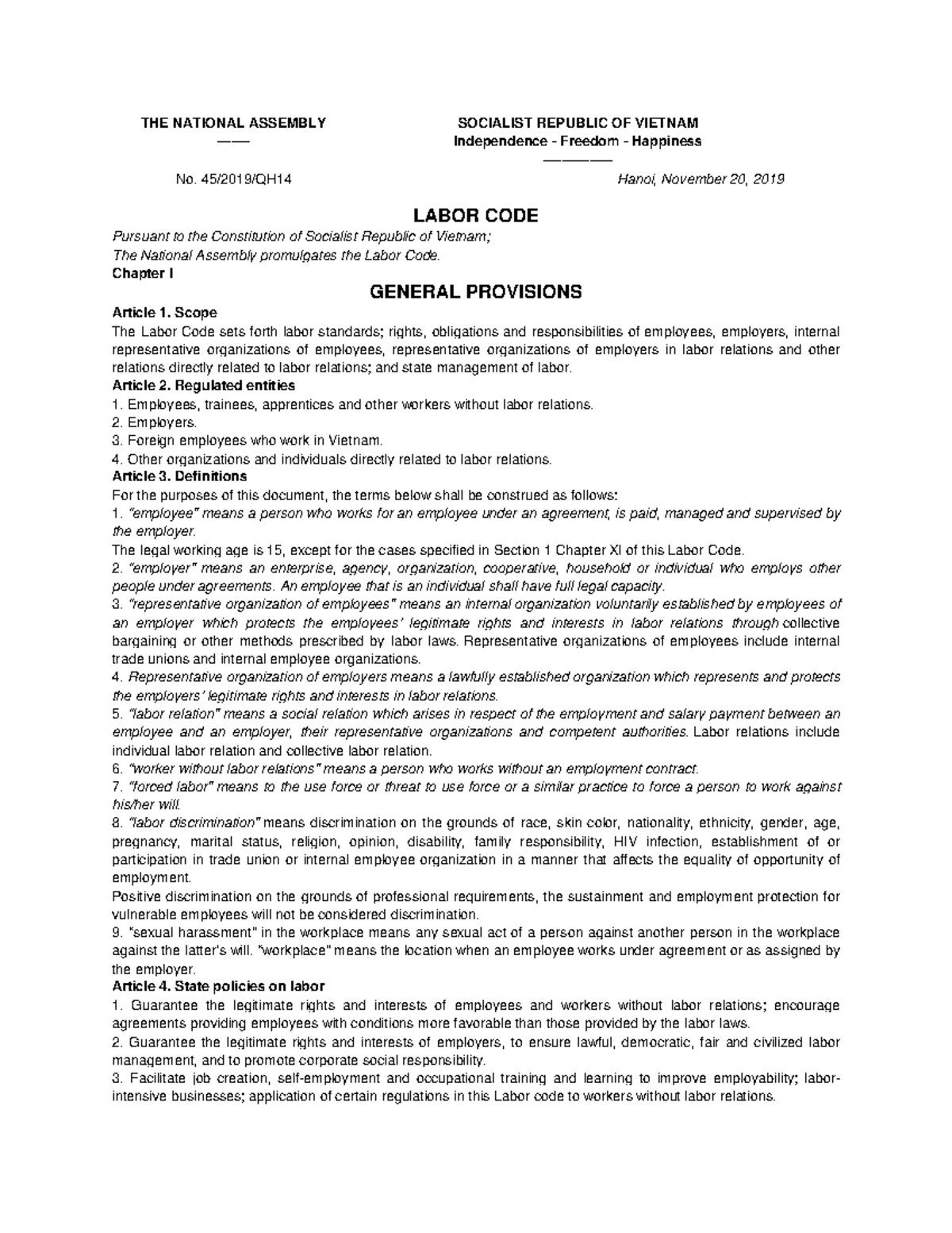 Labor Code 2019 - Business Law - THE NATIONAL ASSEMBLY - SOCIALIST ...