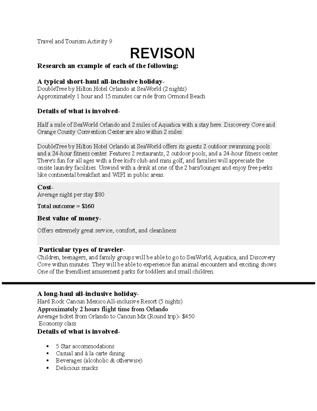 Travel and Tourism Activity 9 Revision - Travel and Tourism Activity 9 ...