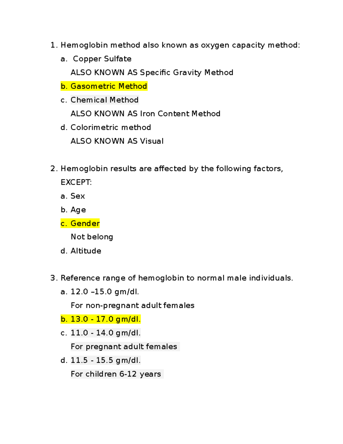 Hct and hb questions - hematology questionnaire - Hemoglobin method ...