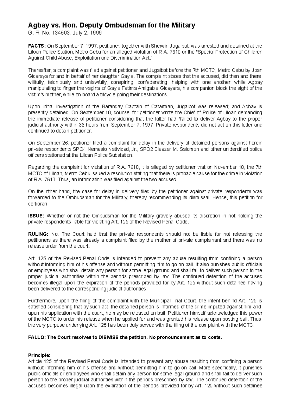 Case #6 Agbay vs Ombudsman G.R. no. 134503 - Agbay vs. Hon. Deputy ...