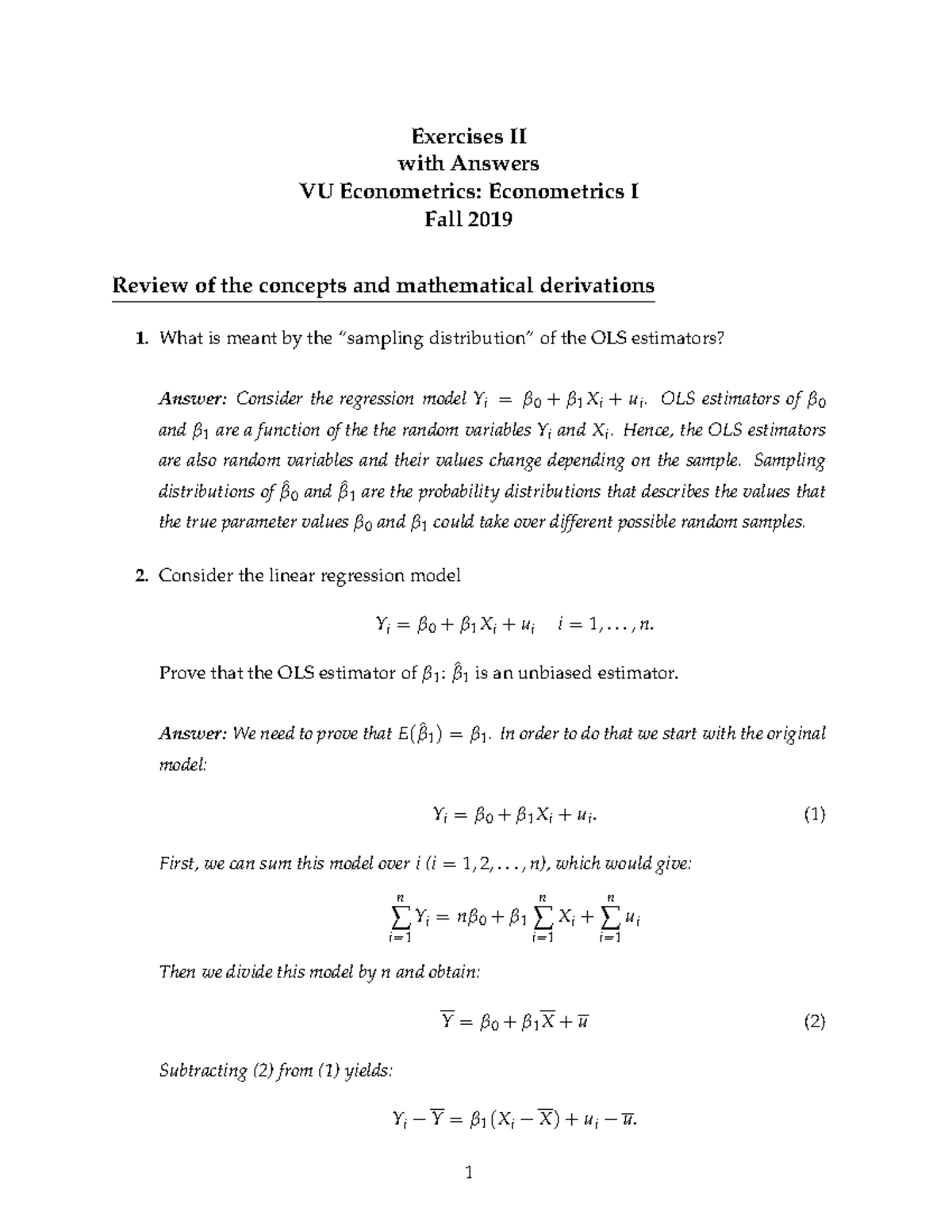 Econometrics I Exercises 2 Exercises Ii With Answers Vu Econometrics Econometrics I Fall 2019