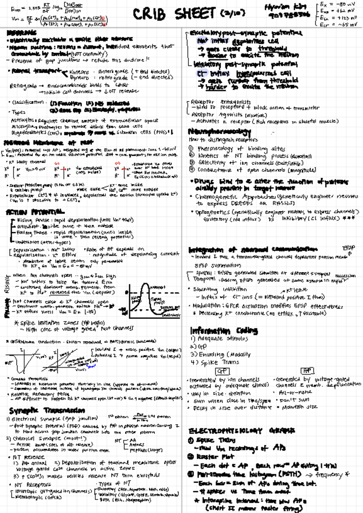 Neuro exam 1 crib sheet - Zion = 2 RE log, onjout 1 Ex = - 80mV Vm ...