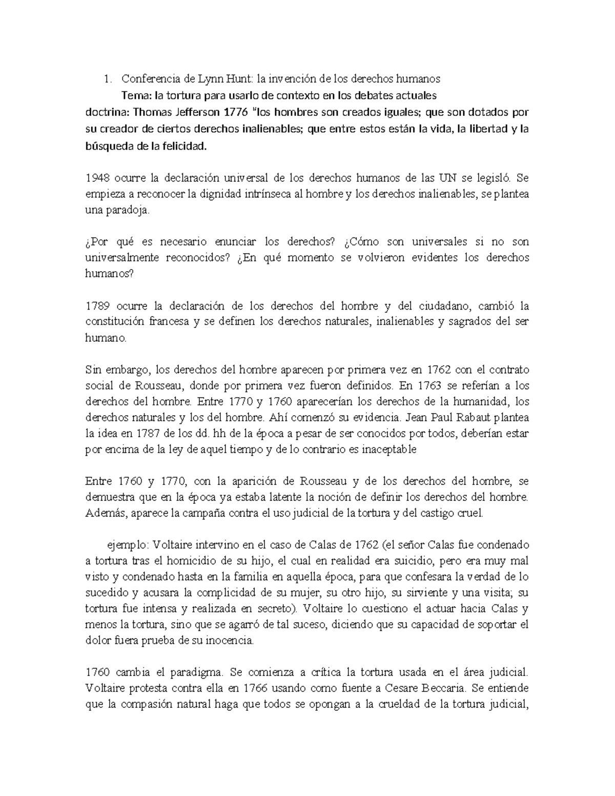 Resumen Lynn Hunt - Conferencia de Lynn Hunt: la invención de los derechos humanos Tema: la ...