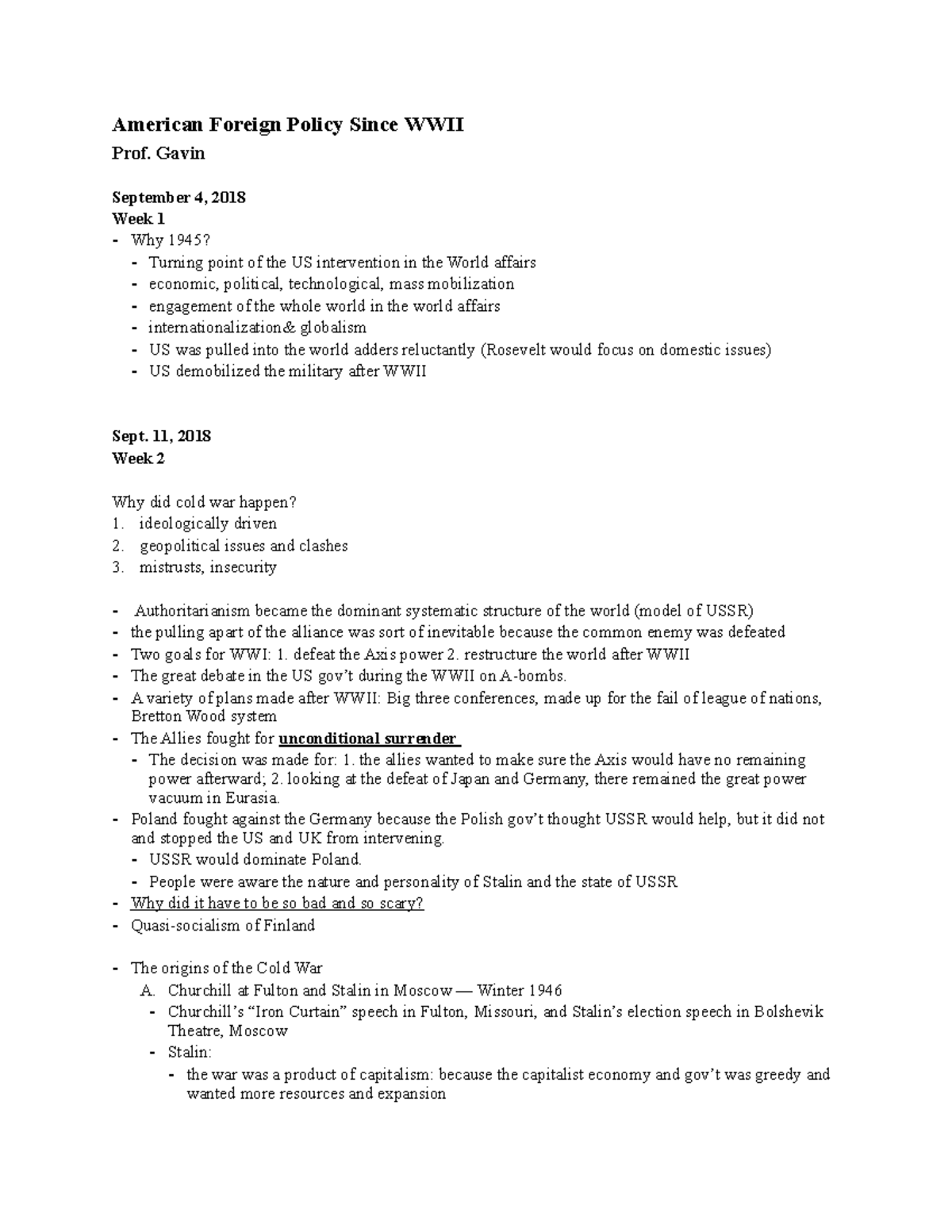 AFP Since WWII Notes - American Foreign Policy Since WWII Prof. Gavin ...
