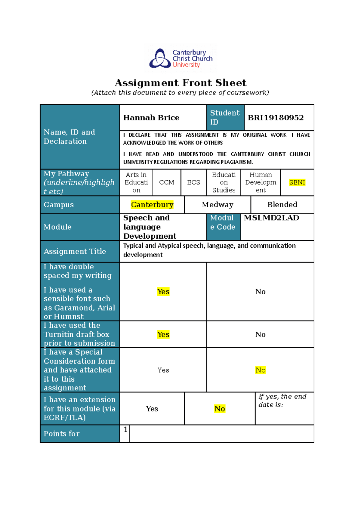 Presentation in word - notes - Assignment Front Sheet (Attach this ...