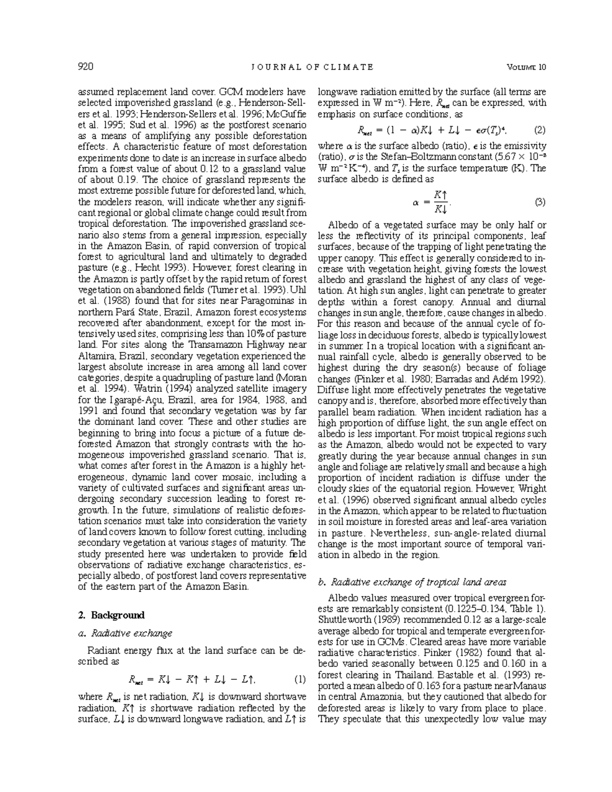 Lecture 6-2 - 920 JOURNAL OF CLIMATE VOLUME 10 assumed replacement land ...