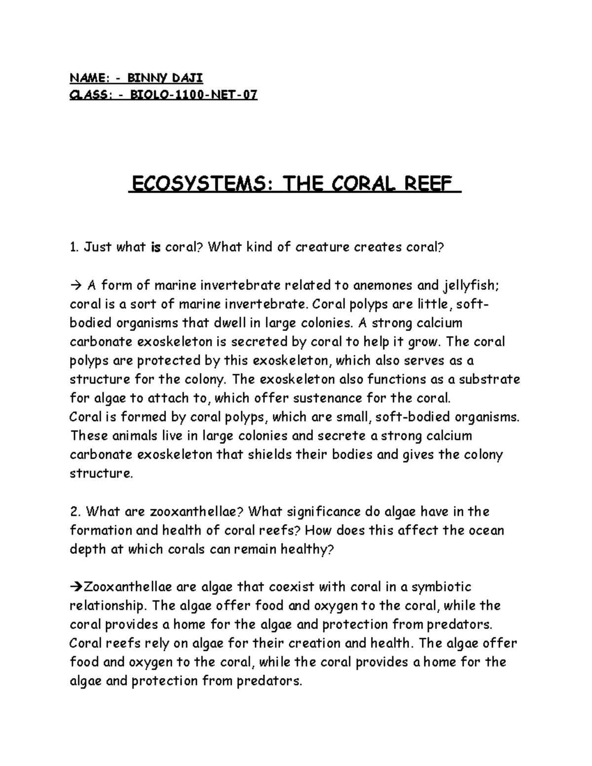 Ecosystem- THE Coral REEF - NAME: - BINNY DAJI CLASS: - BIOLO-1100-NET ...