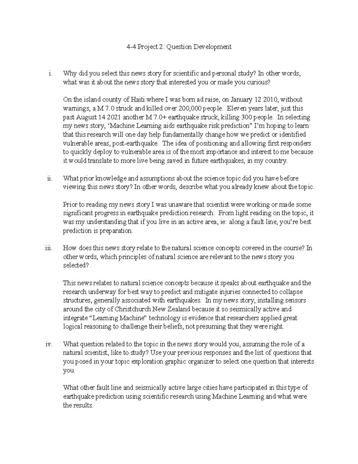 Question Development - Perspective in Nat Science - 4-4 Project 2 ...
