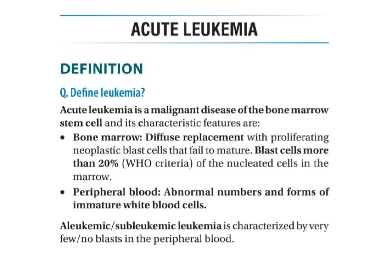 Acute Leukemia - Bachelor of medicine and bachelor of surgery - Studocu