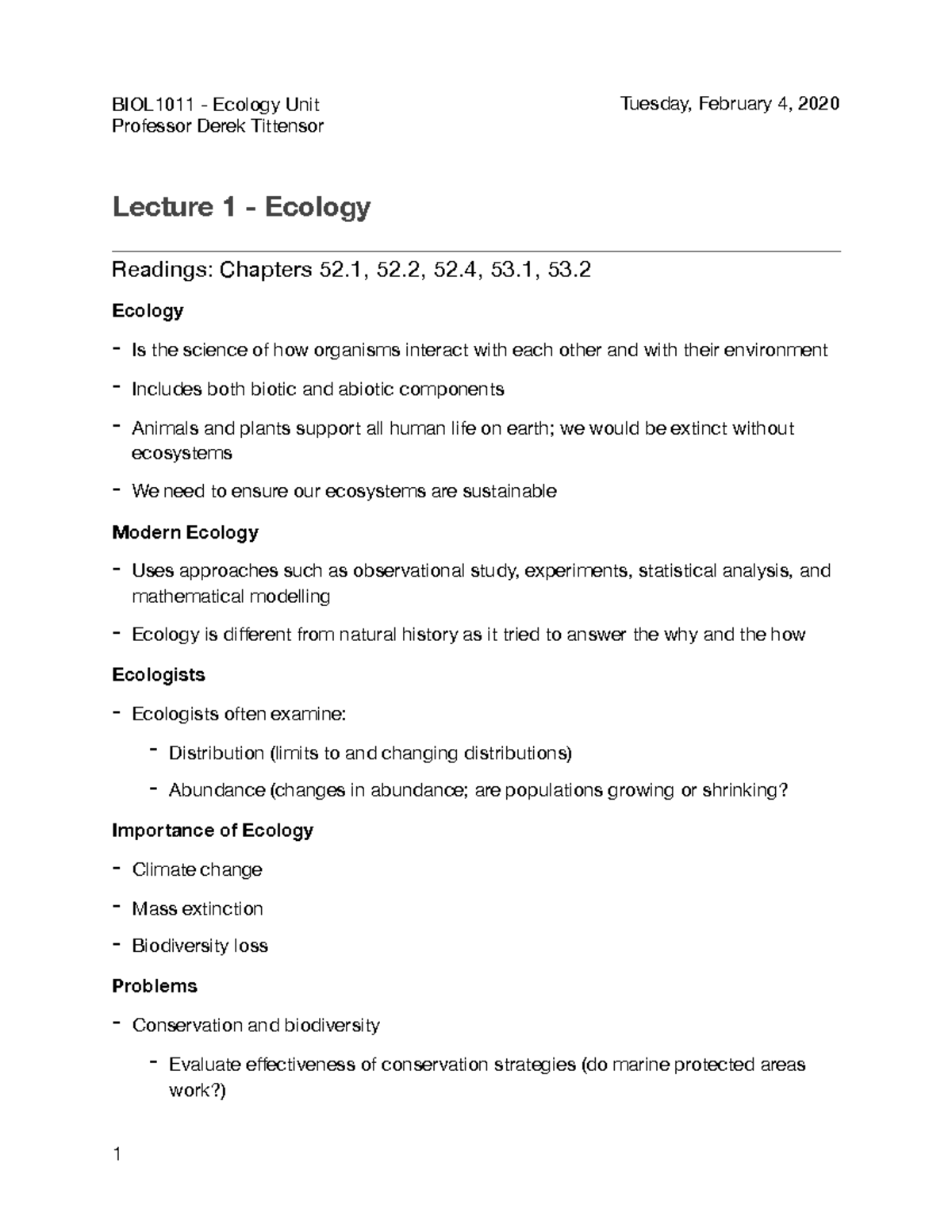 Unit 2 Lecture 1 - Ecology - Professor Derek Tittensor Lecture 1 ...