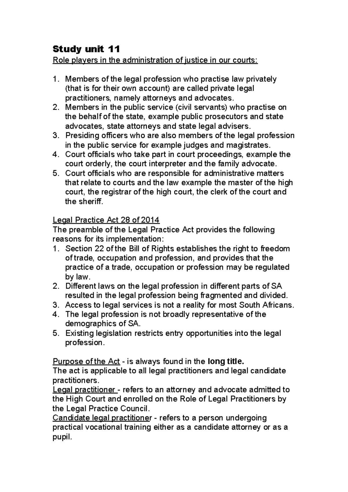 Study unit 11 - Summary Introduction to Law - Study unit 11 Role ...