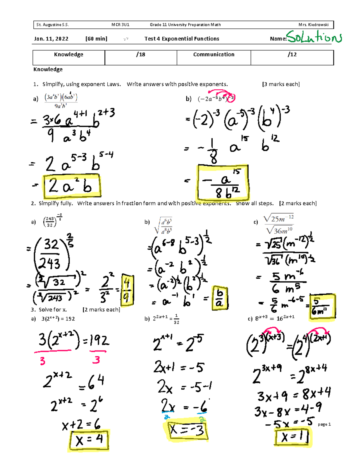 Unit 5 - prac - page 1 St. Augustine S. MCR 3U1 Grade 11 University ...
