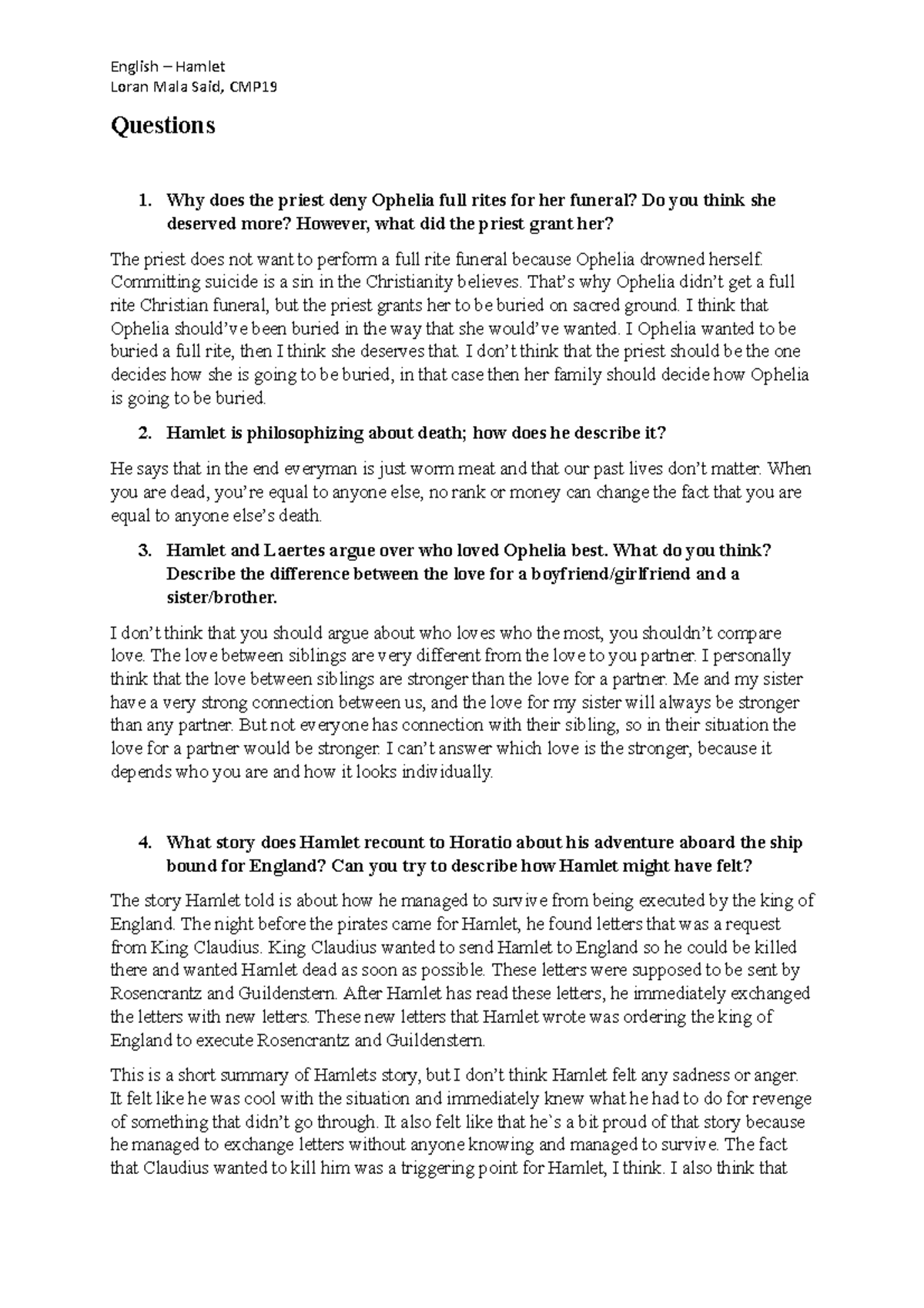 Hamlet - Questions , Loran - Loran Mala Said, CMP Questions Why does the priest deny Ophelia ...