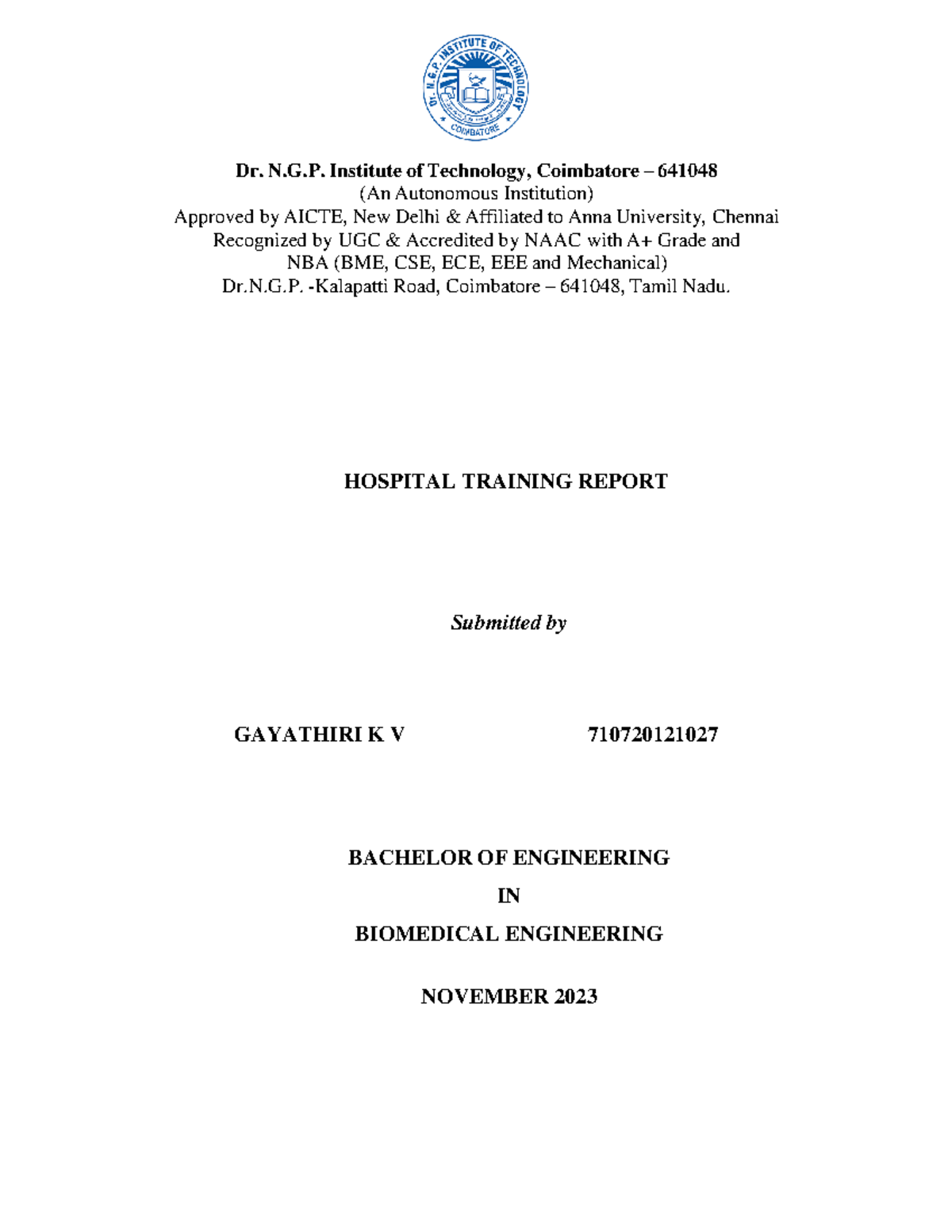 Hospital Training Report draft - Dr. N.G. Institute of Technology ...