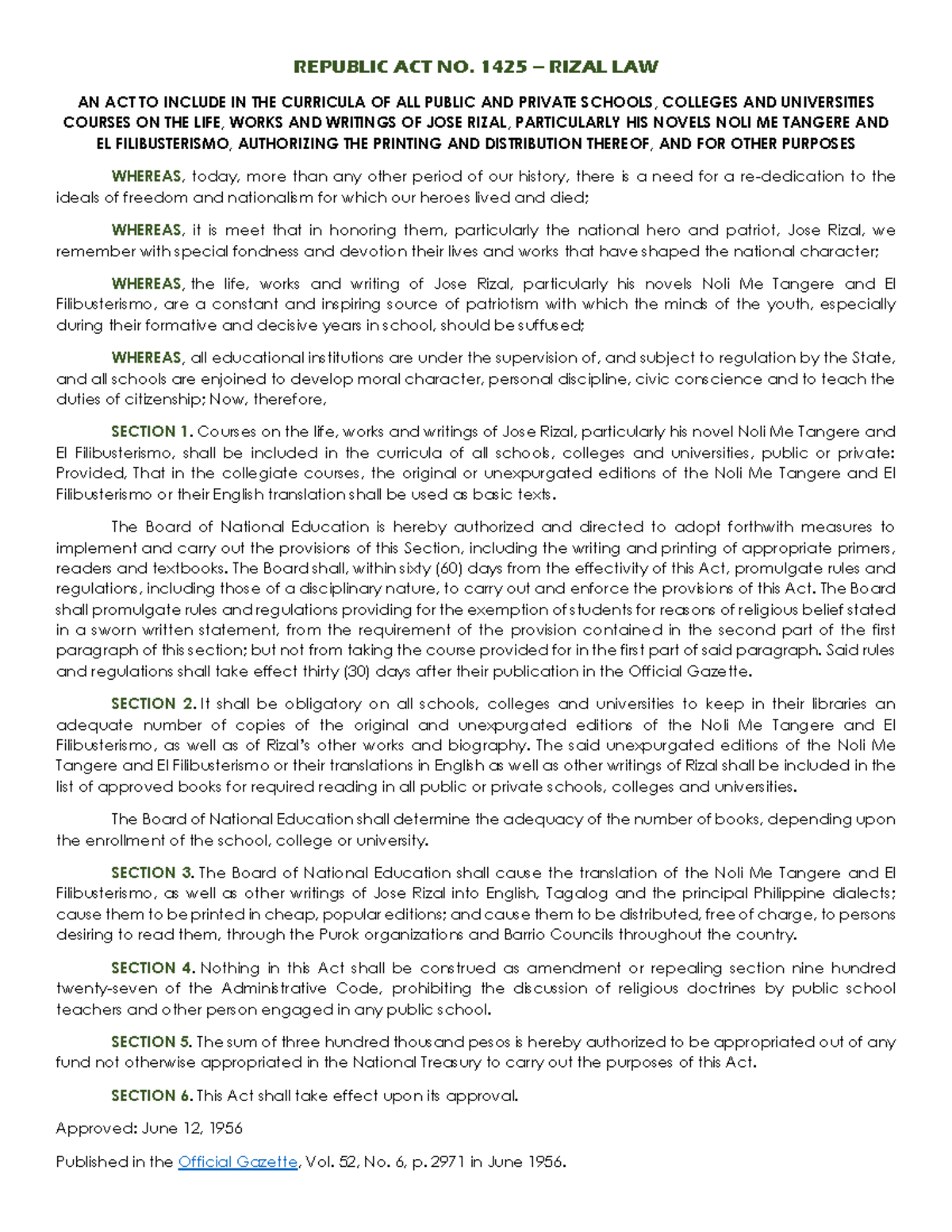 Republic ACT NO 1425 - RA 1425 also known as "The Rizal Law" - REPUBLIC ...