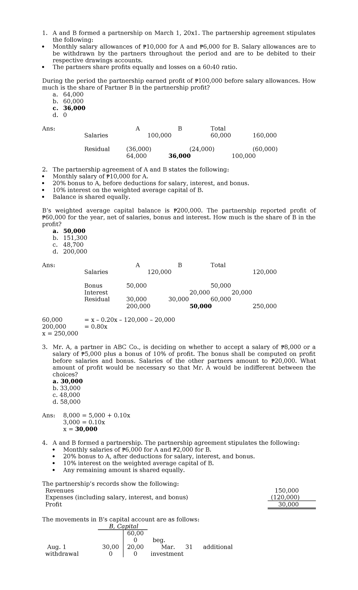 1.b Partnership Operations - A and B formed a partnership on March 1 ...