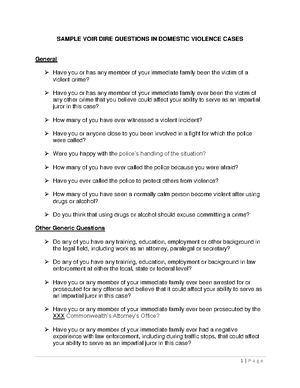 Voir Dire Questions 2 - SAMPLE VOIR DIRE QUESTIONS IN DOMESTIC VIOLENCE ...