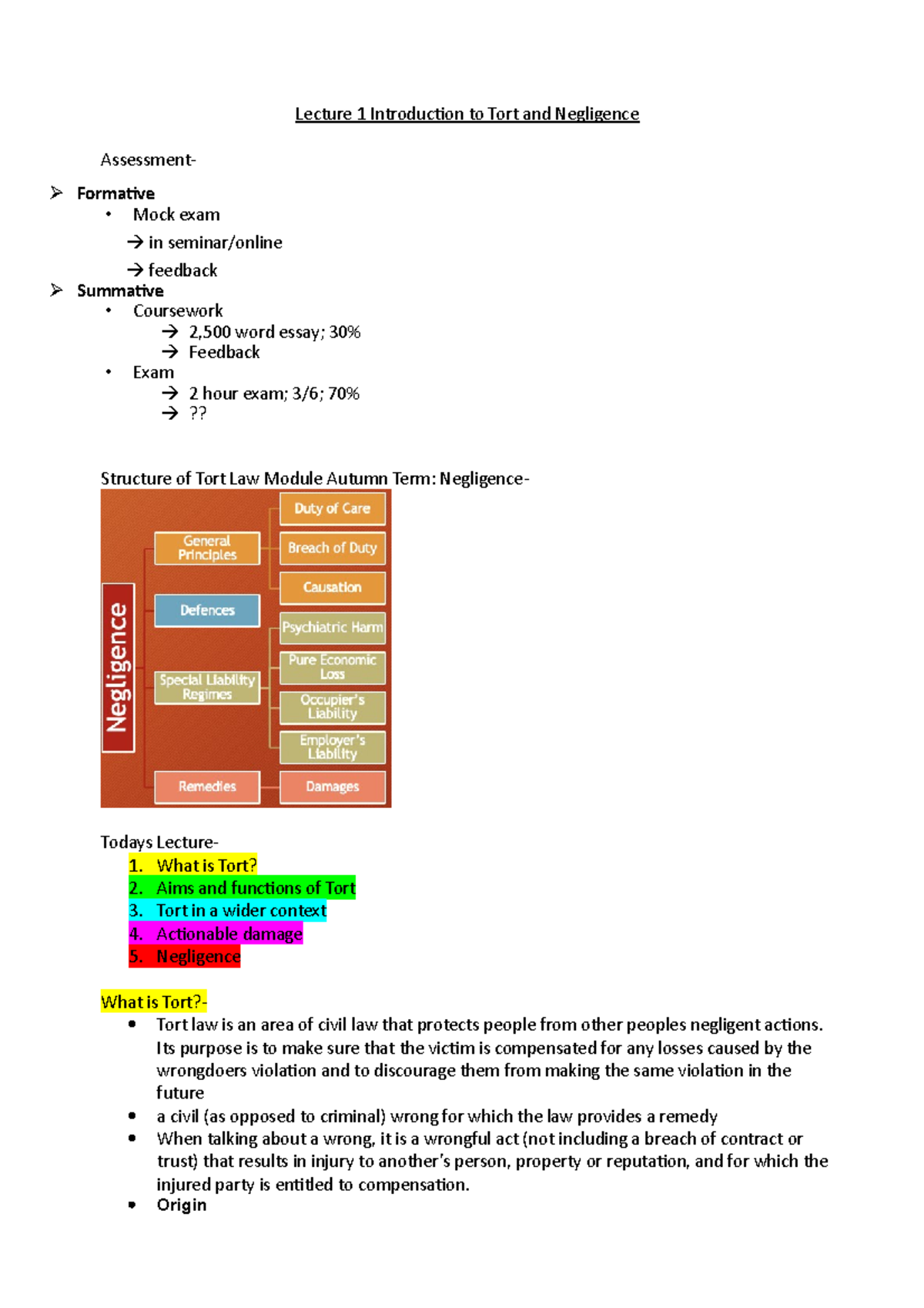 Lecture 1 Intro to Tort Notes - Lecture 1 Introduction to Tort and ...