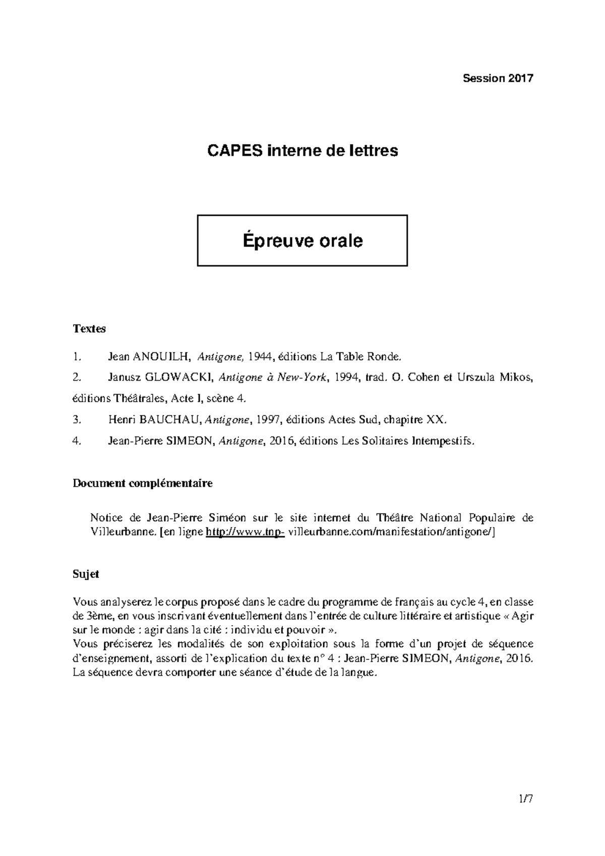 Sujet Capes interne Oral 3ème Corpus Antigone Agir dans la cité, indiv et pouvoir Agir sur le ...
